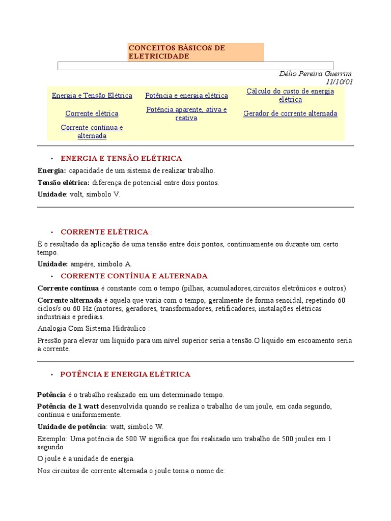 Conceitos Básicos de Eletricidade | PDF | Corrente alternada | Potência (Física)
