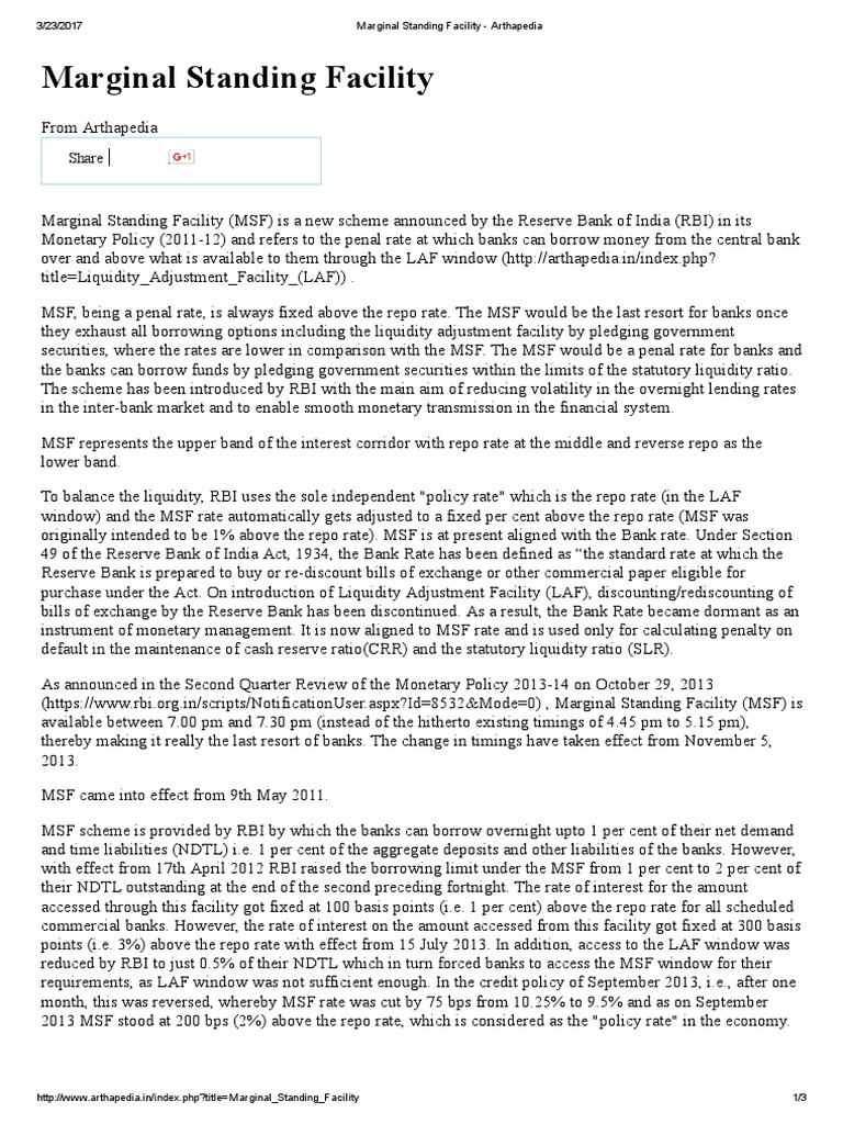 Understanding Marginal Standing Facility | PDF | Reserve Bank Of India ...
