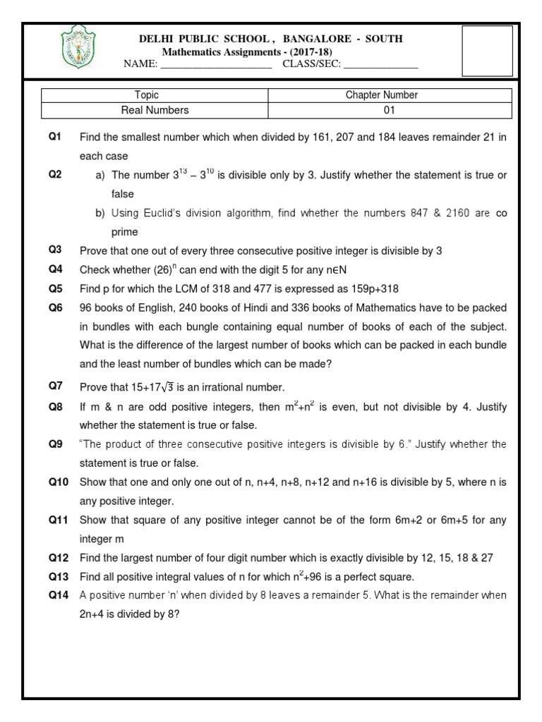 CBSE Class 10 Math Real Numbers Worksheet | PDF