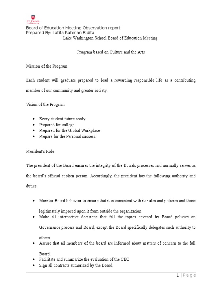 Board of Education Meeting Observation Report | PDF | Board Of ...