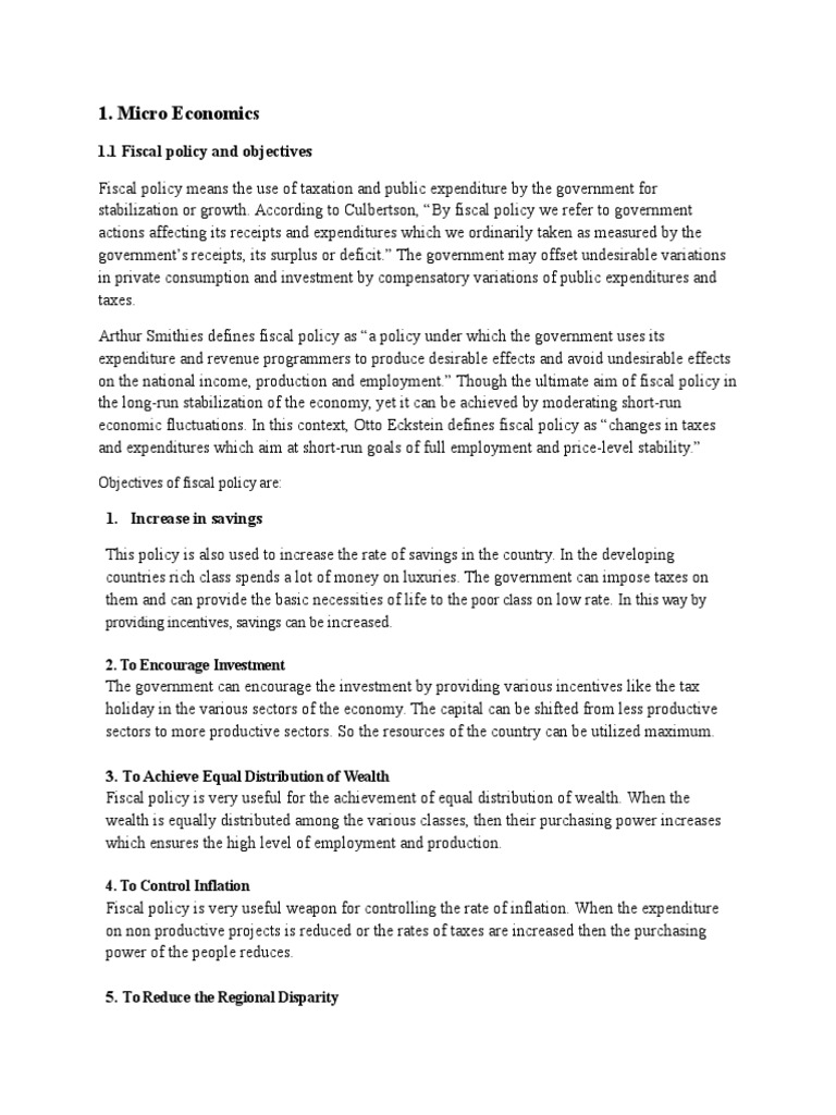 Micro Economics: Fiscal Policy and Objectives | PDF | Price ...