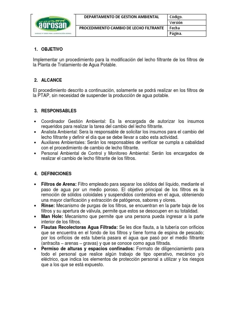 Procedimiento Cambio de Lecho Filtrante | PDF | Filtración | Agua