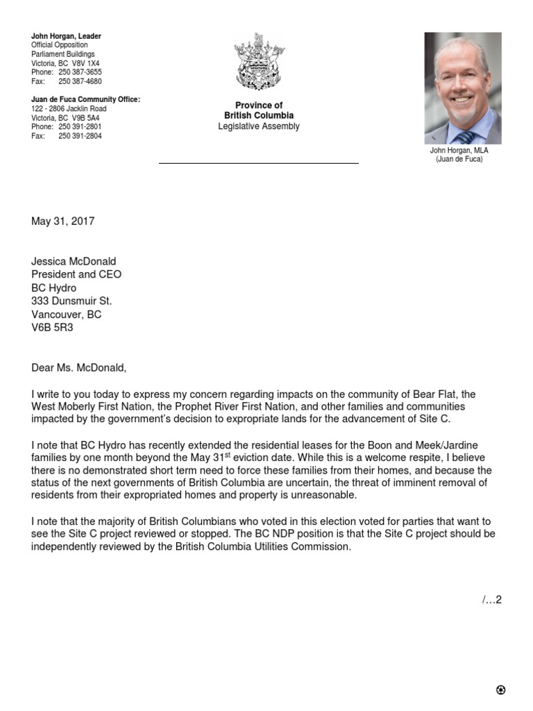 John Horgan's Letter To BC Hydro | PDF | British Columbia | Government