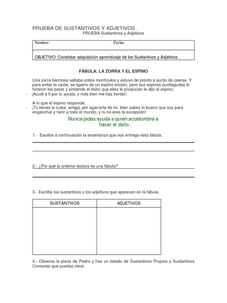 Prueba de Sustantivos y Adjetivos | PDF