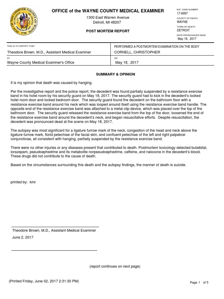 Autopsy Report Chris Cornell | PDF | Neck | Autopsy