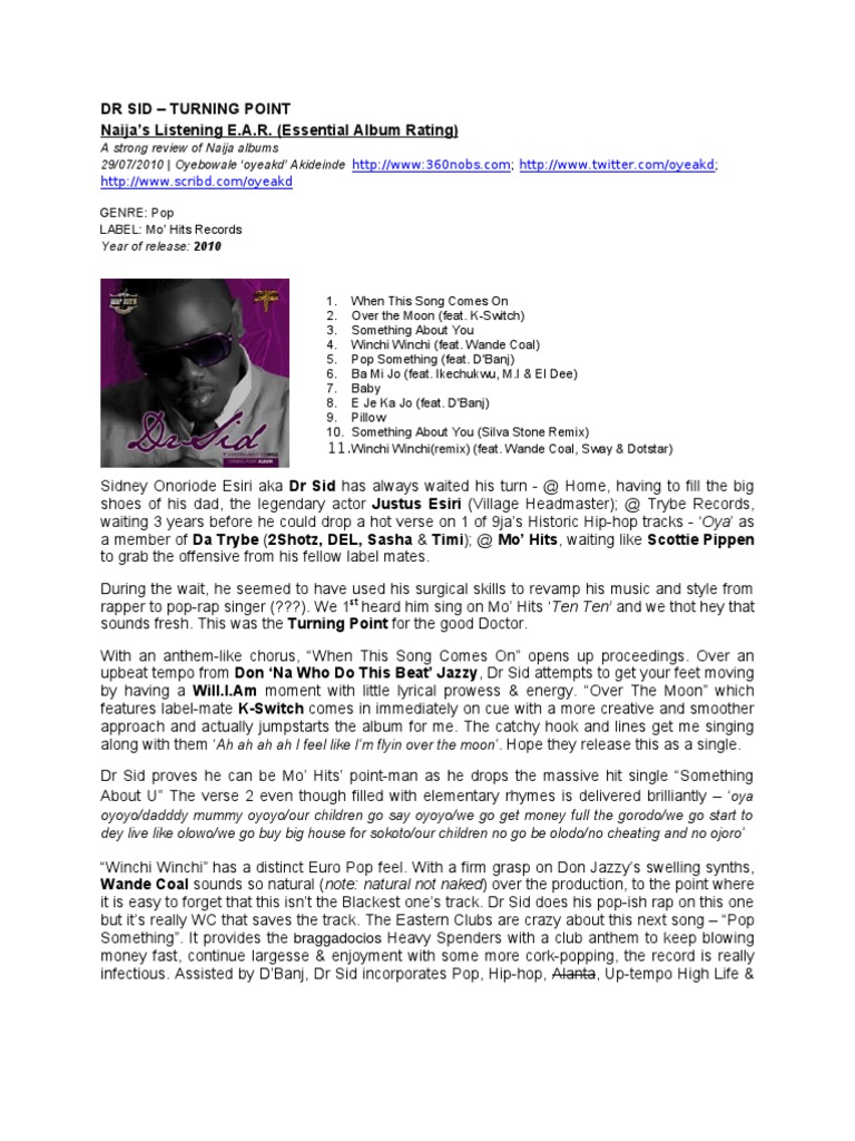 Dr Sid's Turning Point Album Review | PDF | Hip Hop Music | Music Industry