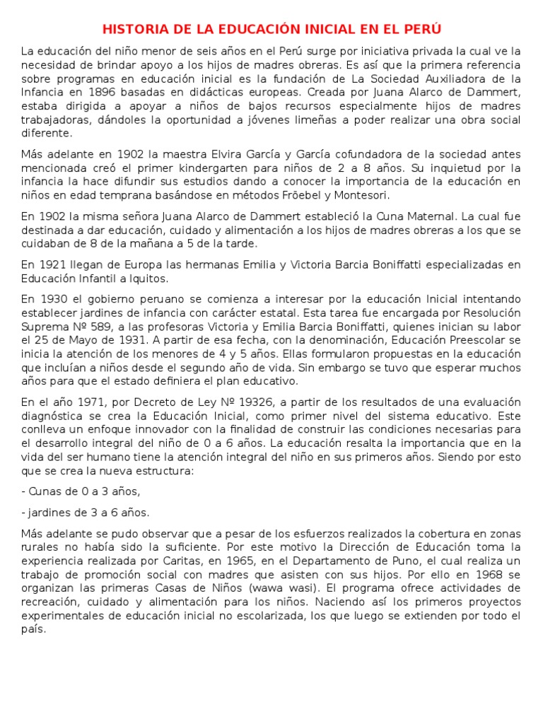 Historia De La Educación Inicial En El Perú Pdf Jardín De Infancia