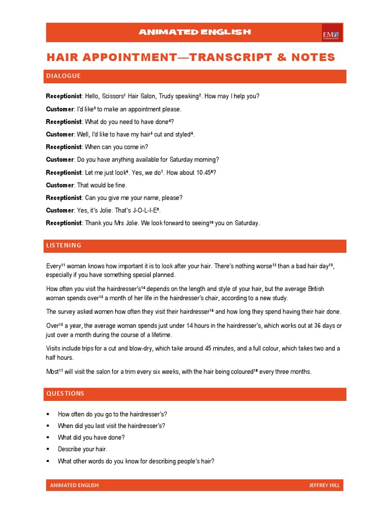 Hair Appointment | PDF | Hairdresser | Verb