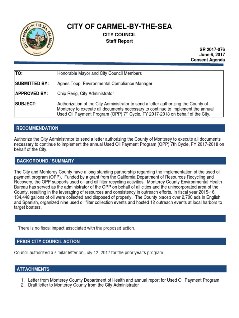 Carmel Marina Oil Recycling Program | PDF | Recycling | Waste