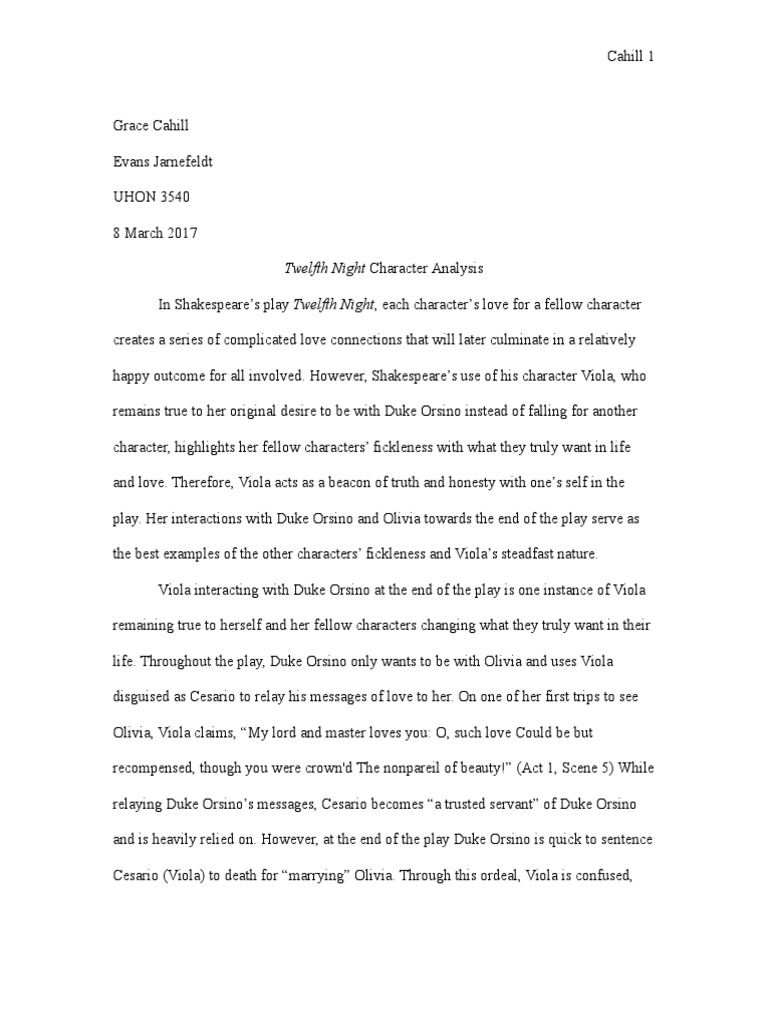 Twelfth Night Character Analysis Paper | PDF | Twelfth Night