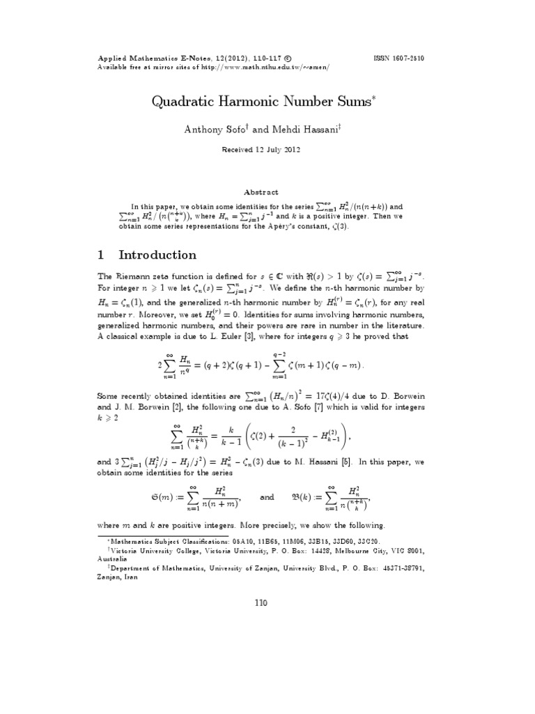Quadratic Harmonic Number Sums: Anthony Sofo and Mehdi Hassani | PDF ...