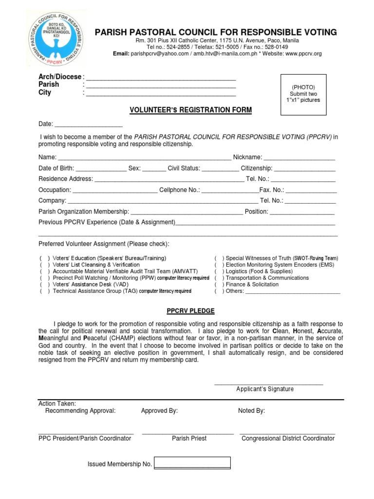 PPCRV Volunteer Application Form | PDF | Parish | Elections