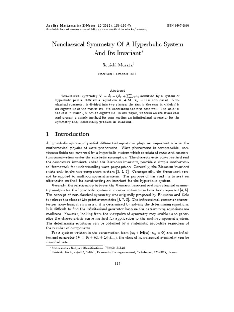 Constructing Invariants for Hyperbolic Systems Using Non-Classical Symmetry | PDF | Eigenvalues ...