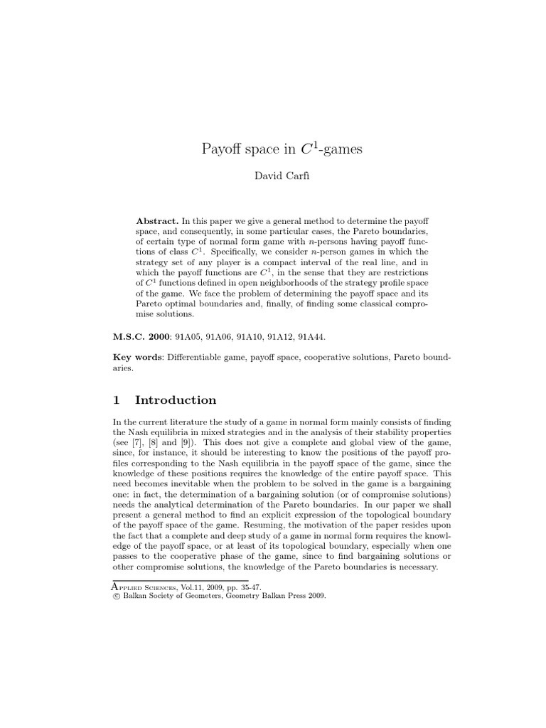 Payoff Space in C - Games: 1 David Carf'ı | PDF | Compact Space | Mathematical Objects