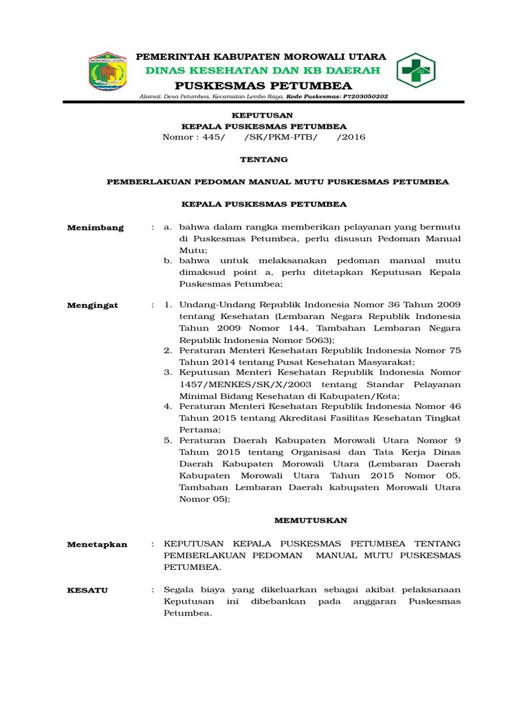 SK Pemberlakuan Pedoman Mutu | PDF