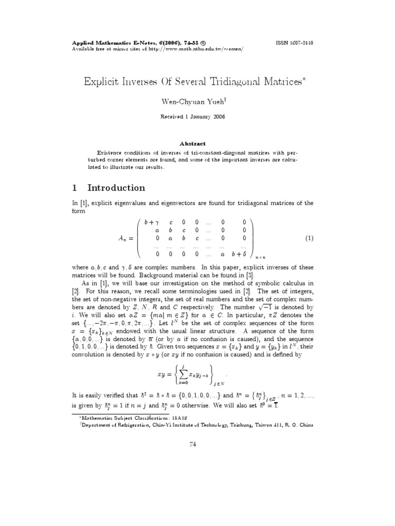 Explicit Inverses of Several Tridiagonal Matrices: Wen-Chyuan Yueh | PDF | Matrix (Mathematics ...