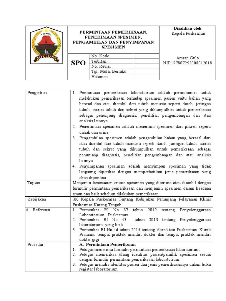 8.1.2 Ep 1 Sop Permintaan Pemeriksaan, Penerimaan Spesimen, Pengambilan Dan Penyimpanan Spesimen ...