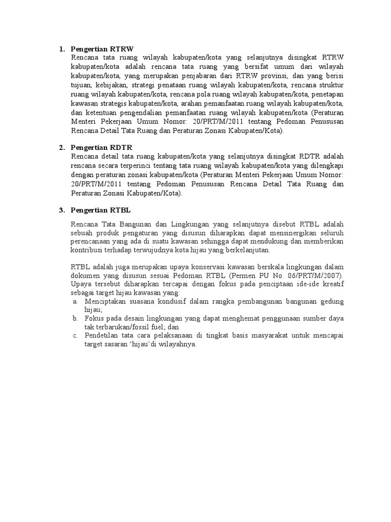 Pengertian RTRW, RDTR, dan RTBL | PDF