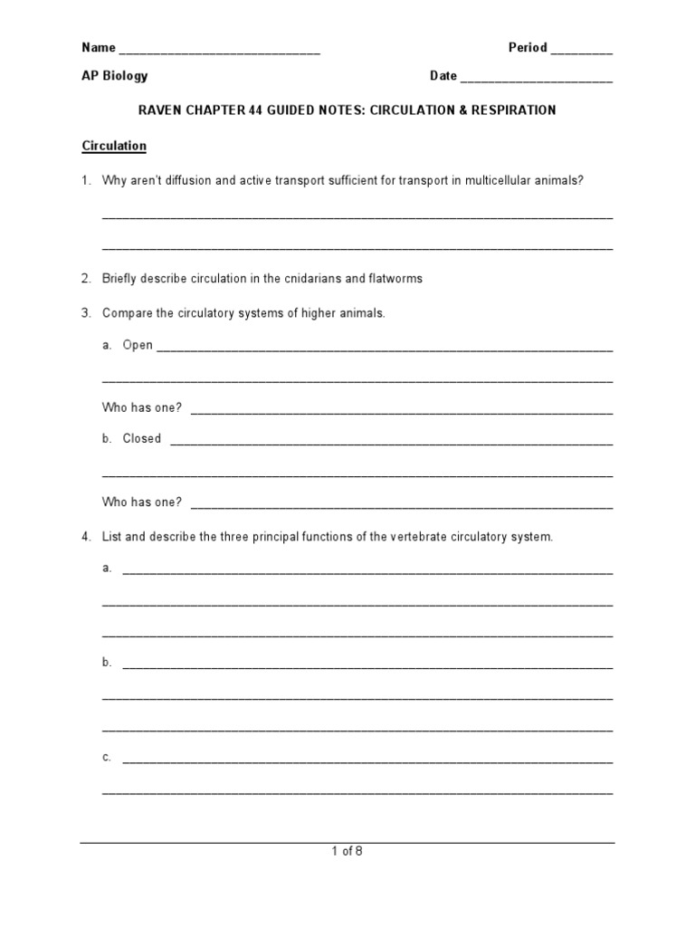 AP Biology Guided Notes: Circulation & Respiration | PDF | Circulatory ...