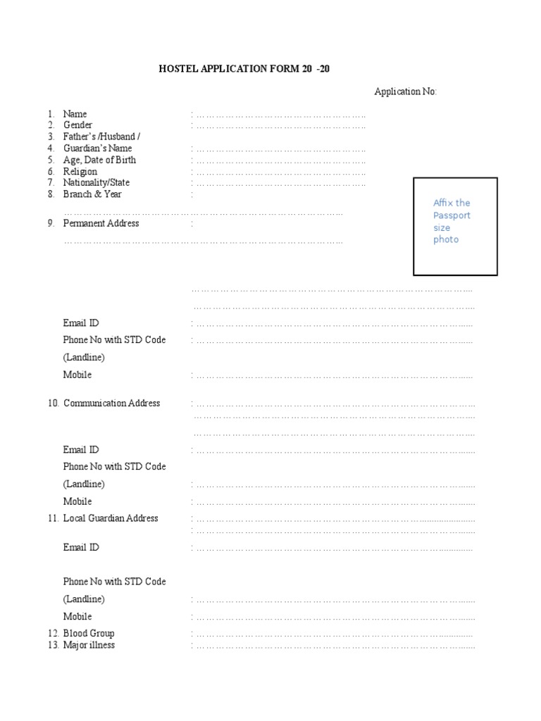 Hostel Application Form 20 - 20: Affix The Passport Size Photo | PDF ...