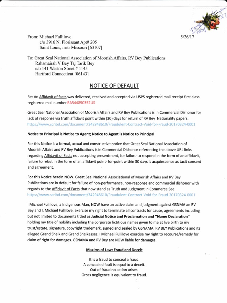 Notice of Default To RV Bey - 20170603 - 0001 | PDF | Fraud | Damages