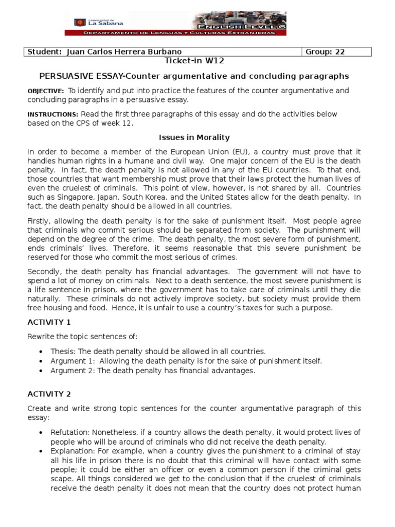 Ticket-In W12 PERSUASIVE ESSAY-Counter Argumentative and Concluding ...