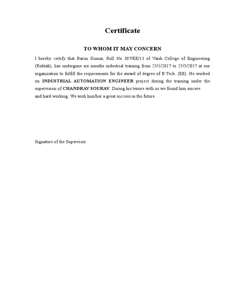 Certificate: To Whom It May Concern | PDF