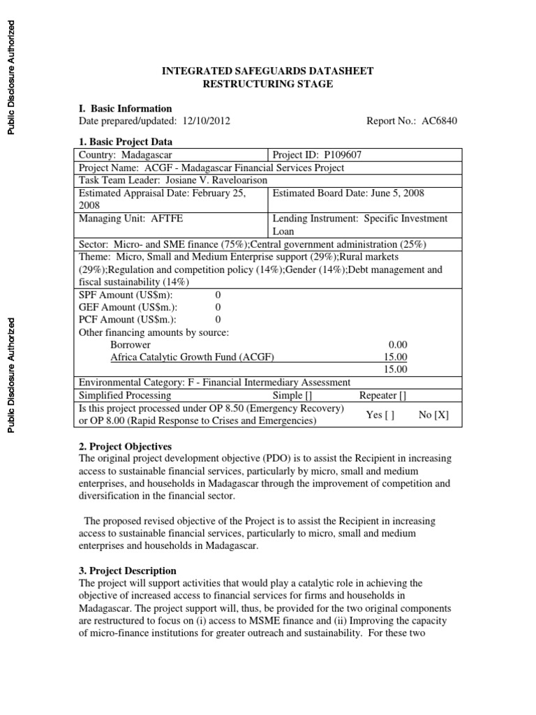 Integrated Safeguards Datasheet Restructuring Stage I. Basic ...