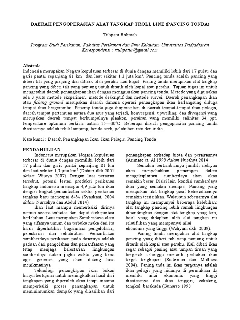 Daerah Pengoperasian Alat Tangkap Pancing Tonda (Troll Line) | PDF