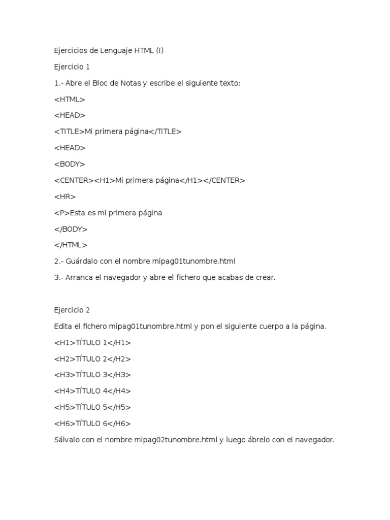 Ejercicios De Lenguaje Html 1 Pdf Html áreas De Informática