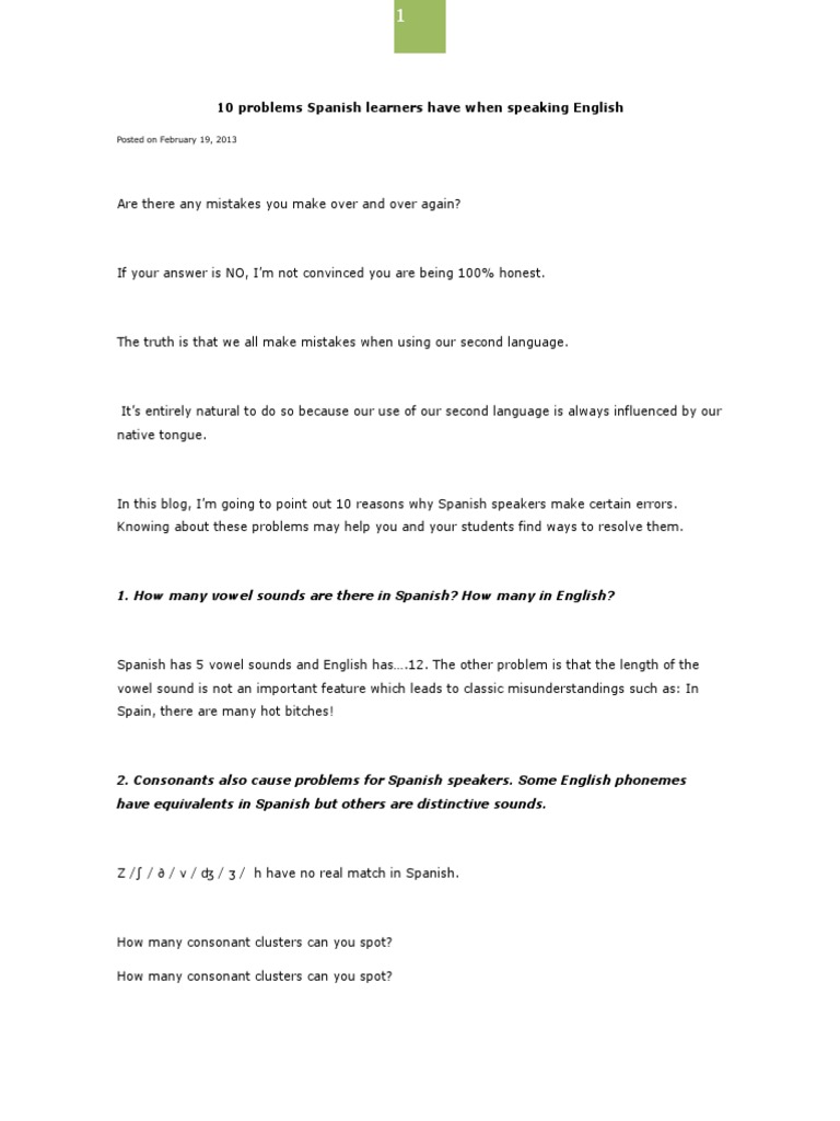 Spanish Learners' English Speaking Errors | PDF | Stress (Linguistics ...