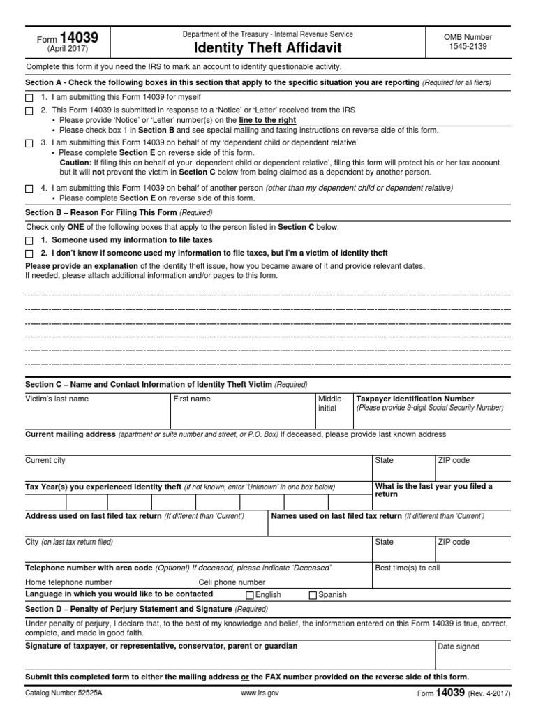 IRS Form 14039 (Rev | Internal Revenue Service | Identity Theft