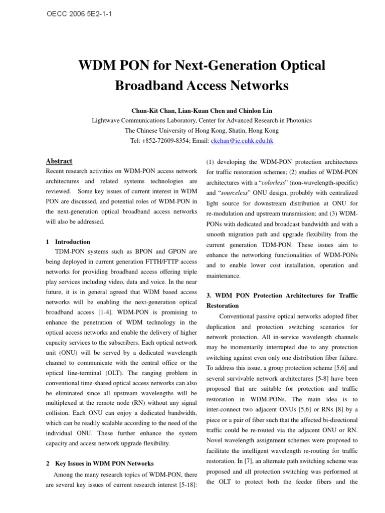 WDM PON For Next-Generation Optical | PDF | Wavelength Division Multiplexing | Computer Networking