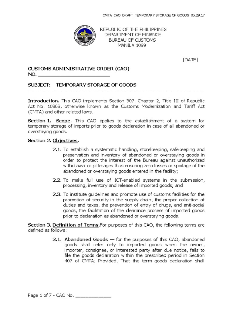 Draft PH Bureau of Customs Rules On Temporary Storage of Goods | PDF ...