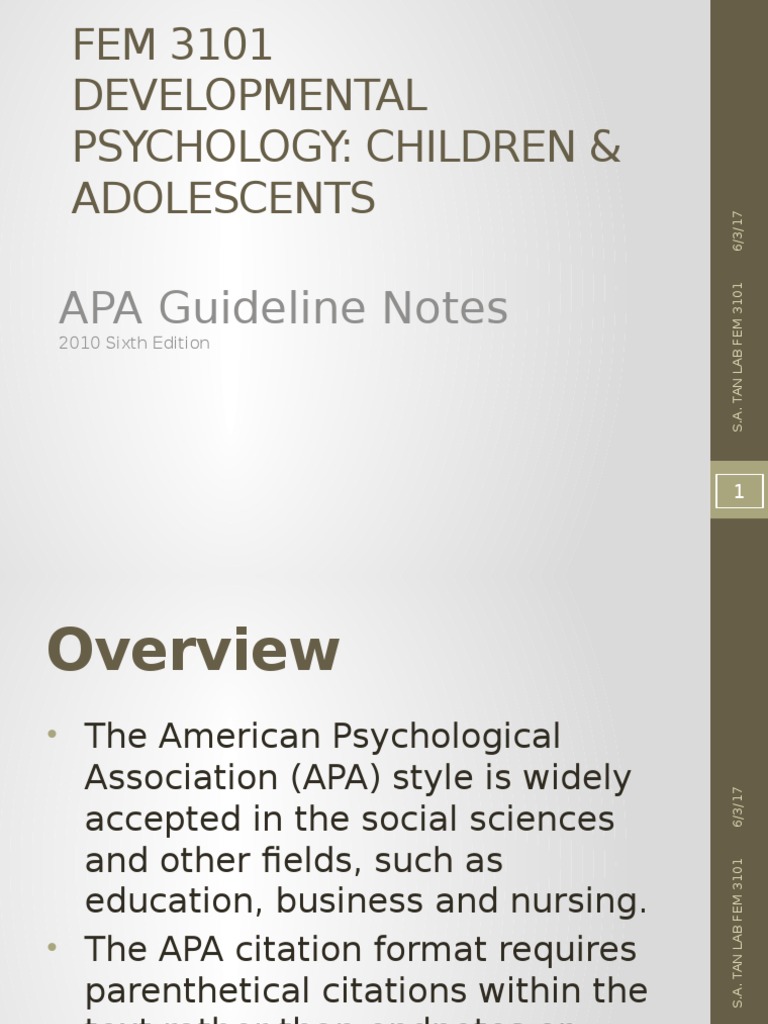 FEM 3101 Developmental Psychology: Children & Adolescents: APA ...