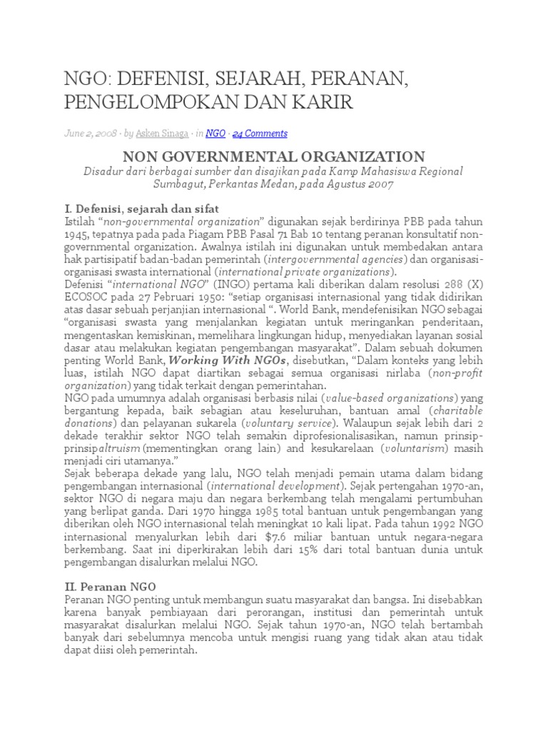 Ngo: Defenisi, Sejarah, Peranan, Pengelompokan Dan Karir: Non ...