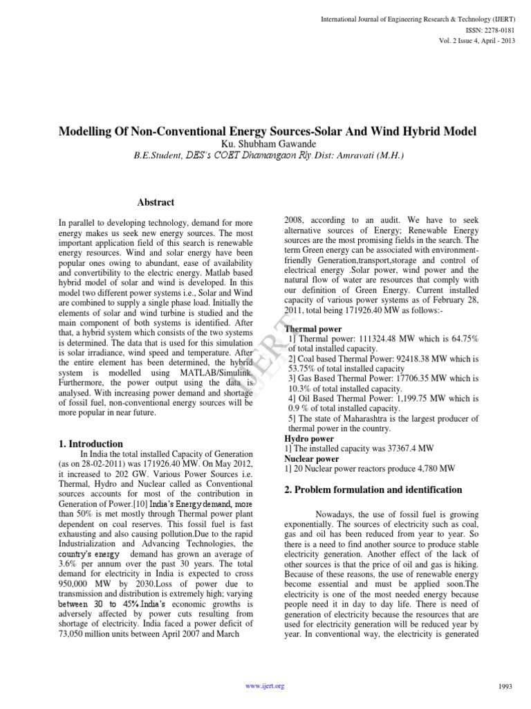Ijert Ijert: Modelling of Non-Conventional Energy Sources-Solar and Wind Hybrid Model | PDF ...