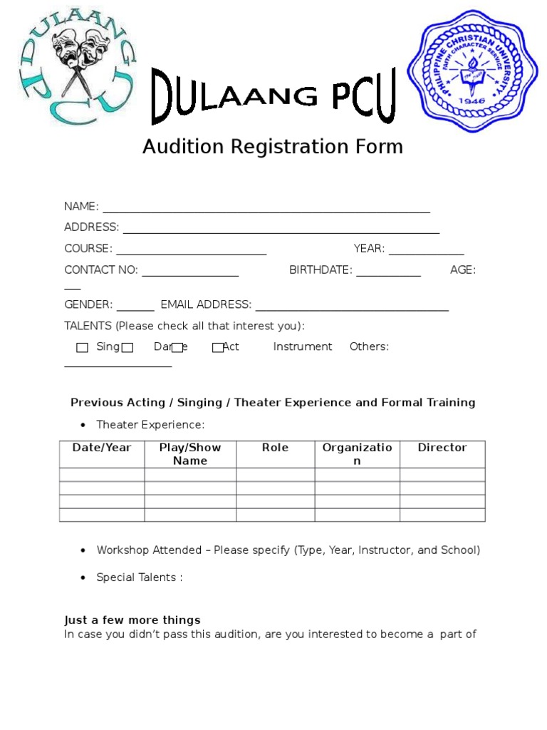 Audition Registration Form: Previous Acting / Singing / Theater ...