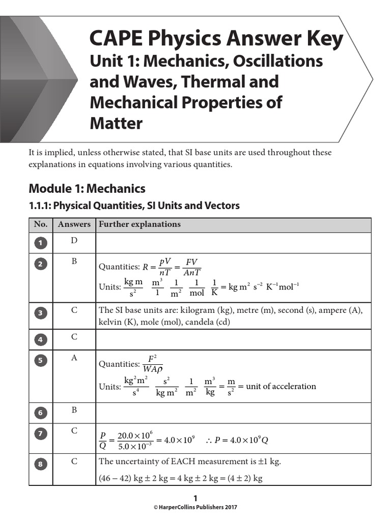 CAPE Physics MCQ - Answer Key | PDF | Buoyancy | Force