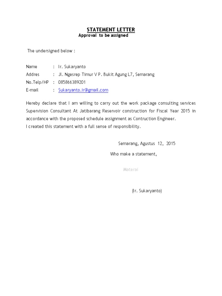 Statement Letter: Approval To Be Assigned | PDF | Technology & Engineering