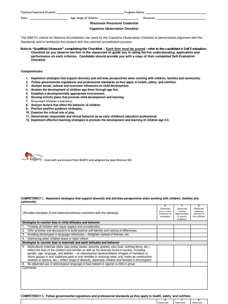 Preschool Capstone Observation Checklist 1 | Download Free PDF | Child ...