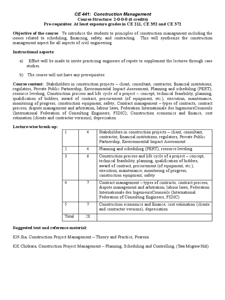 CE 441B (Contents) IIT Kanpur | PDF | Construction Management | Project Management