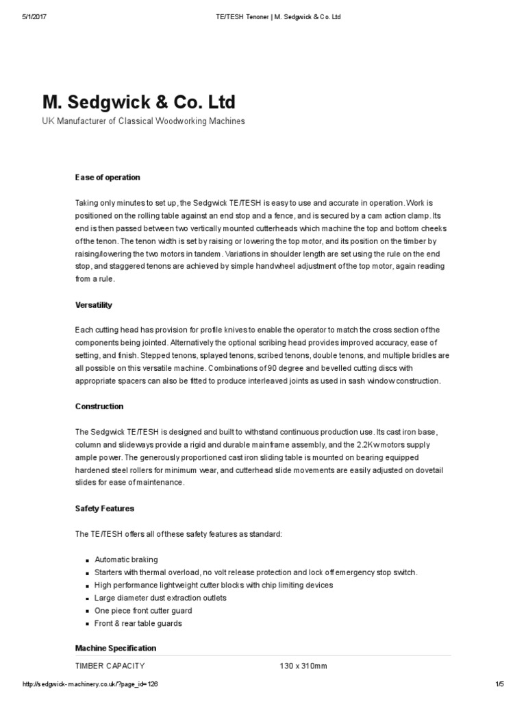 Sedgwick TE/TESH Tenoner | PDF | Manufactured Goods | Nature