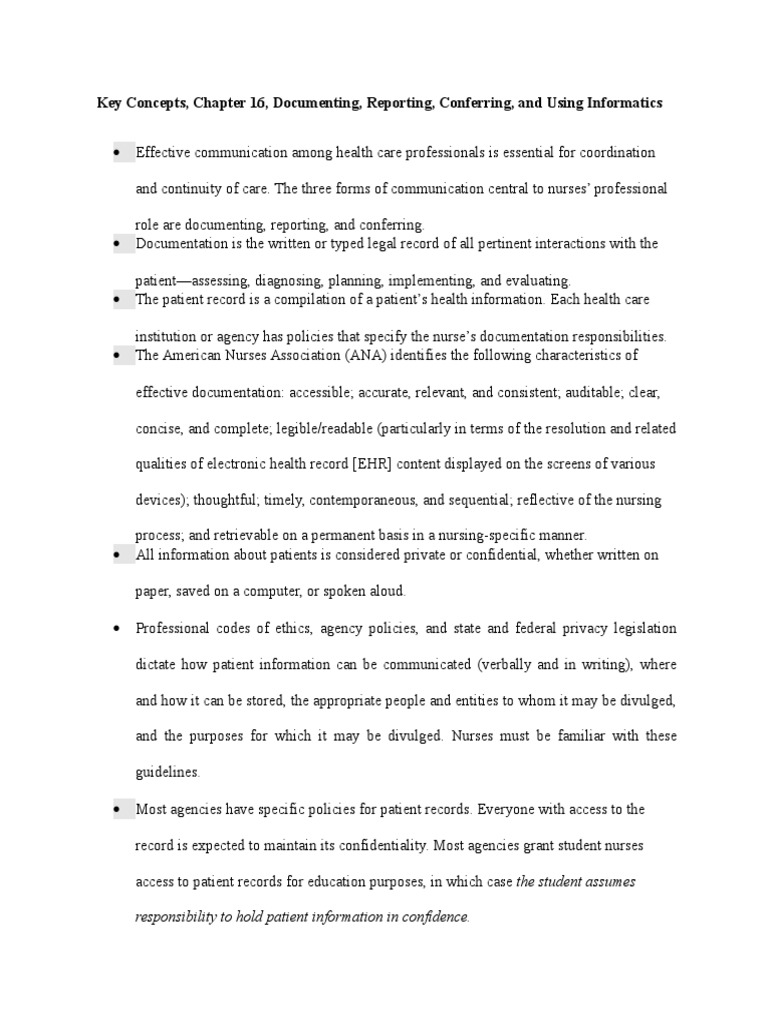 Key Concepts, Chapter 16, Documenting, Reporting, Conferring, and Using Informatics | PDF ...