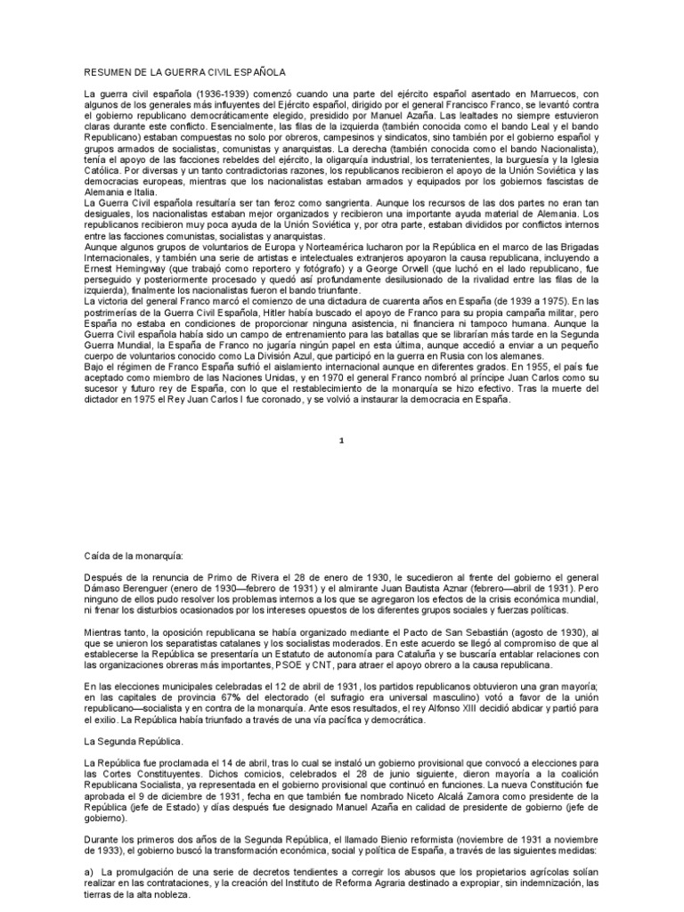 RESUMEN DE LA GUERRA CIVIL ESPAÑOLA.pdf | guerra civil Española ...