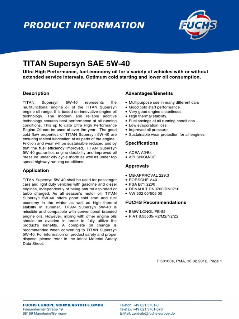 Titan Supersyn 5w 40 | PDF | Motor Oil | Vehicle Technology