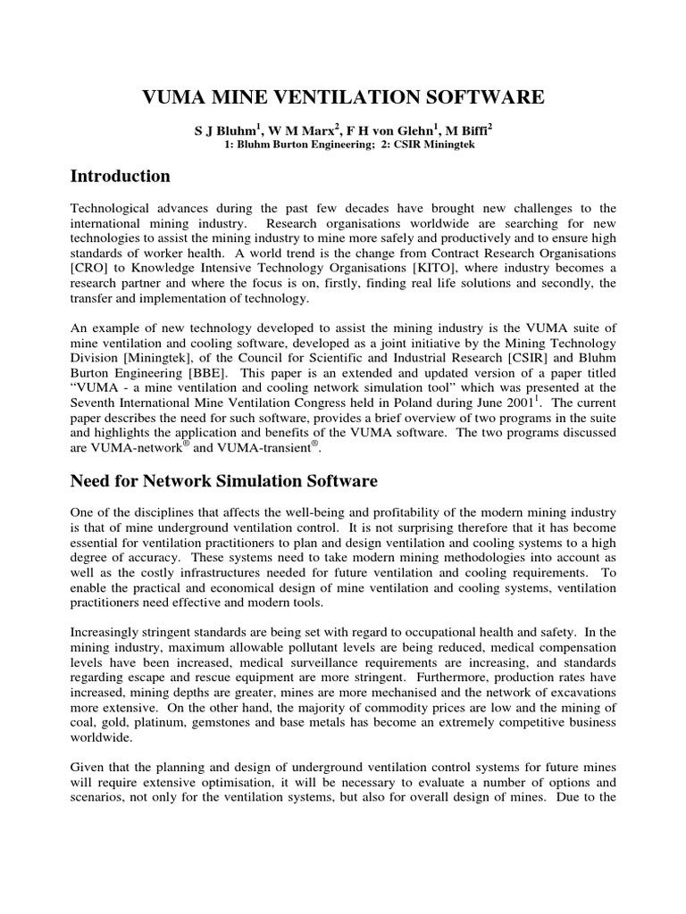 Vuma Mine Ventilation Software: S J Bluhm, W M Marx, F H Von Glehn, M Biffi | PDF | Simulation ...
