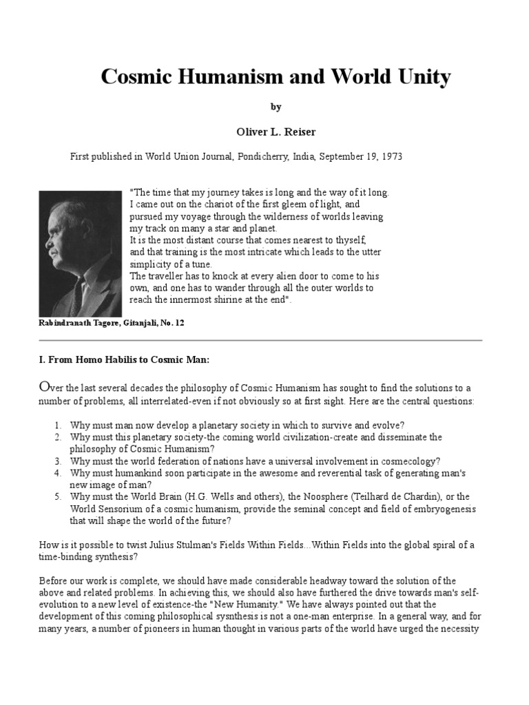 Cosmic Humanism and World Unity - Oliver Reiser | PDF | Humanism | Human