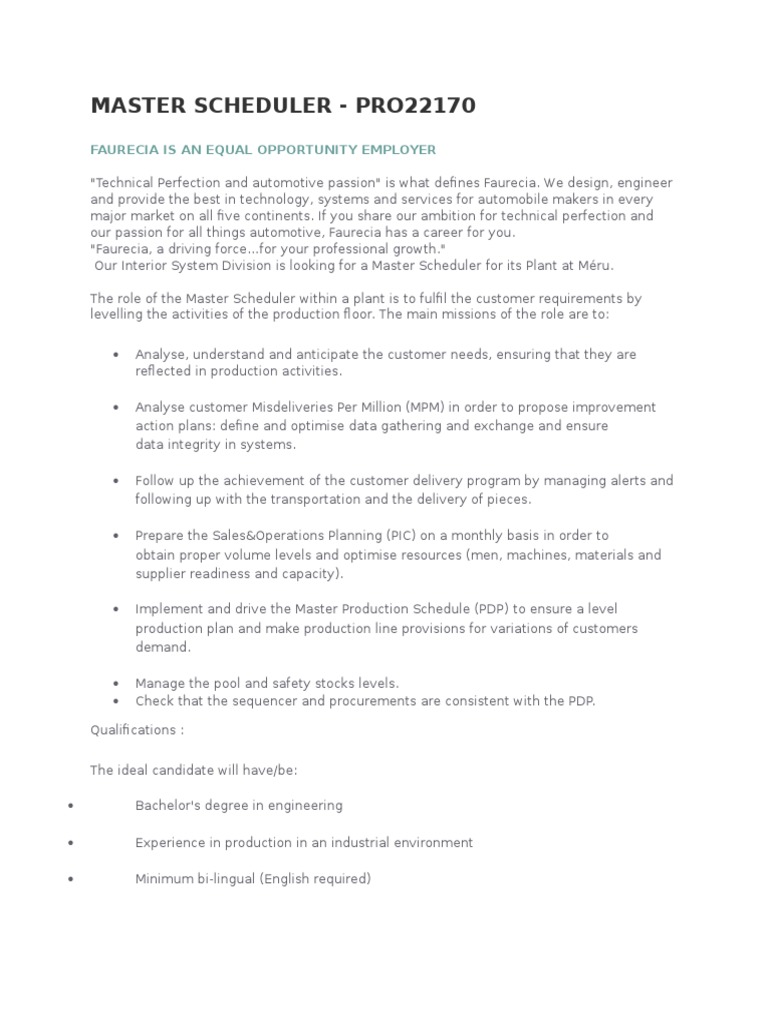 Master Scheduler Position at Faurecia | PDF | Business