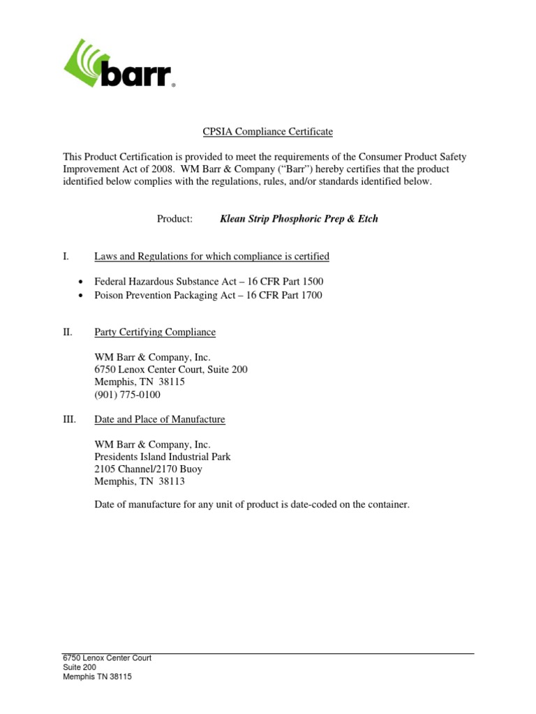 CPSIA-Compliance - Certificate Klean Strip Phosphoric Prep Etch 6.28.13 ...